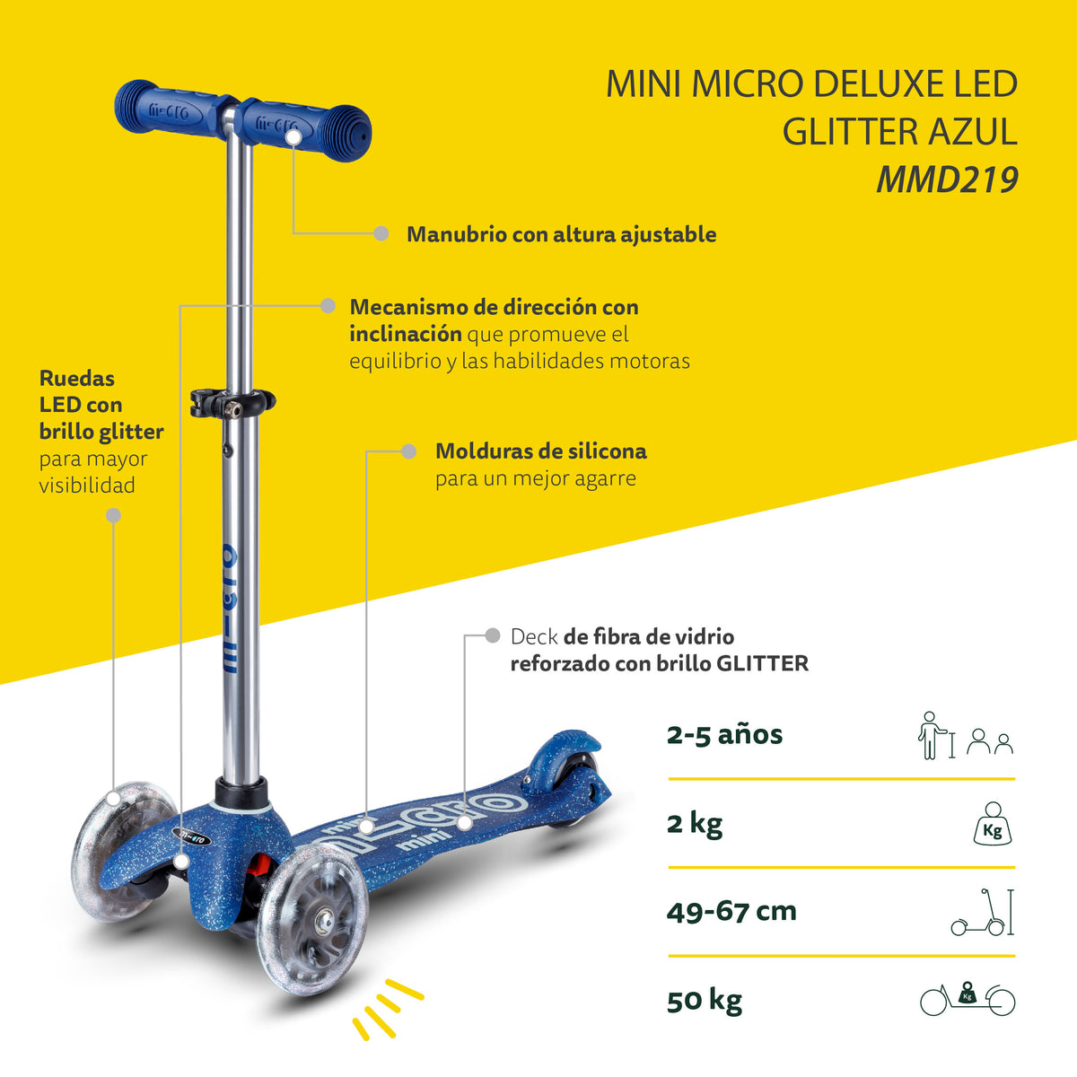 Micro Scooter niños Mini Led Glitter 3 ruedas Azul
